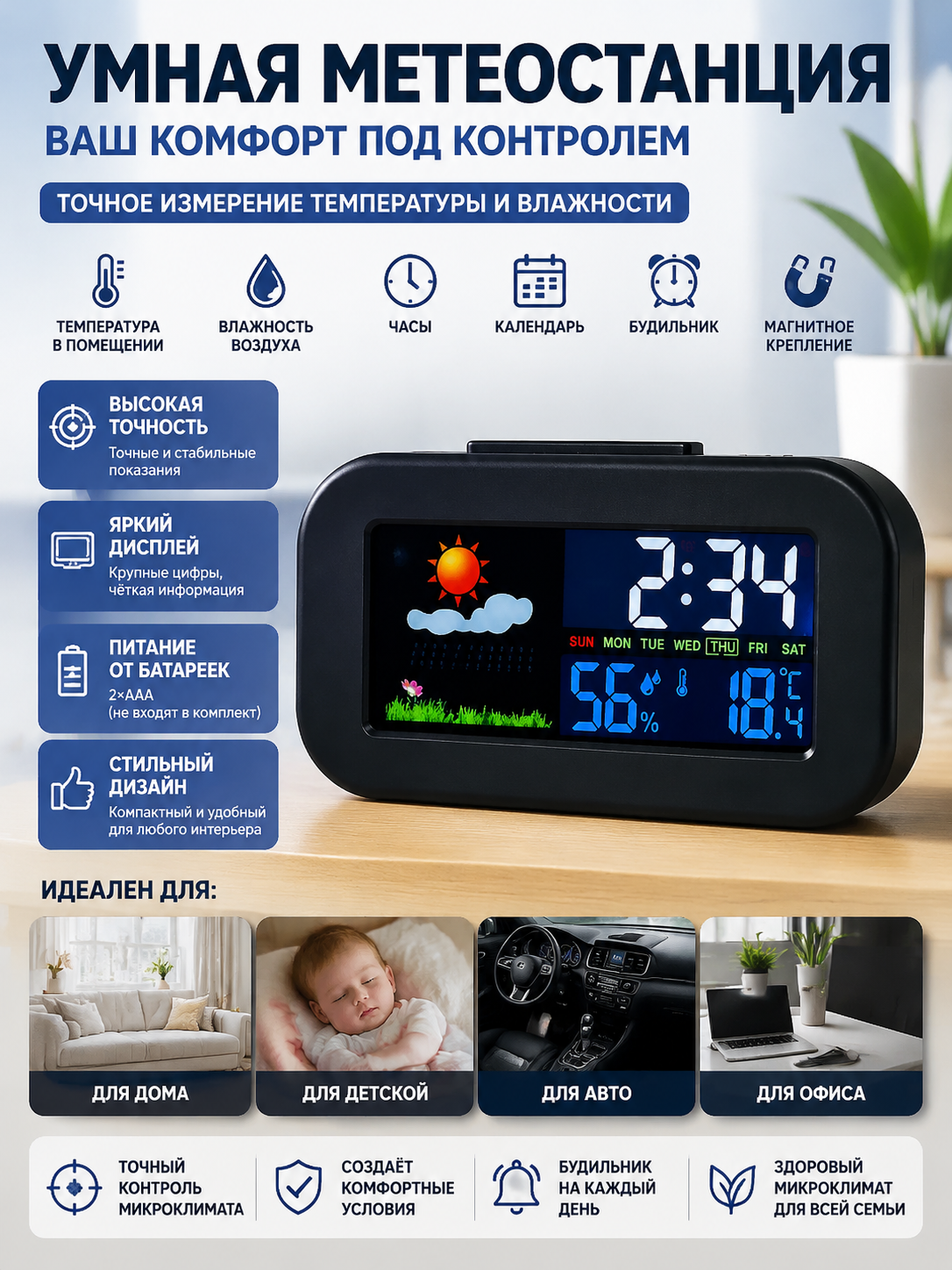 Цифровые часы-будильник с погодным дисплеем, термометром и гигрометром для дома и офиса