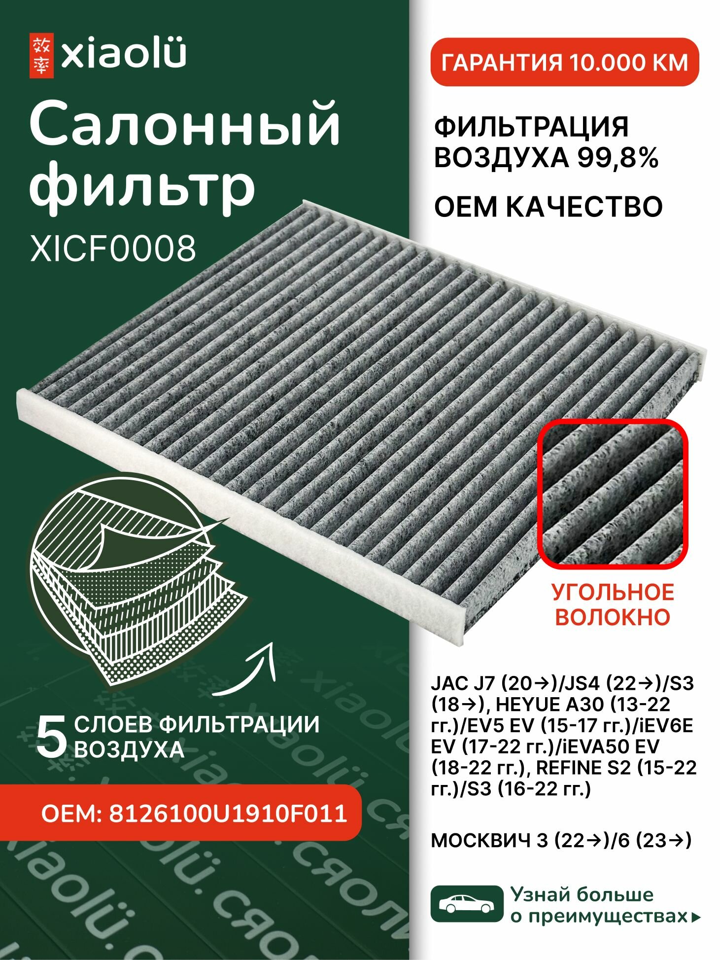 Фильтр салонный угольный JAC J7 (20 )/JS4 (22 )/S3 (18 ), REFINE S2 (15-22 гг.)/S3 (16-22 гг.), Москвич 3 (22 )/6 (23 )