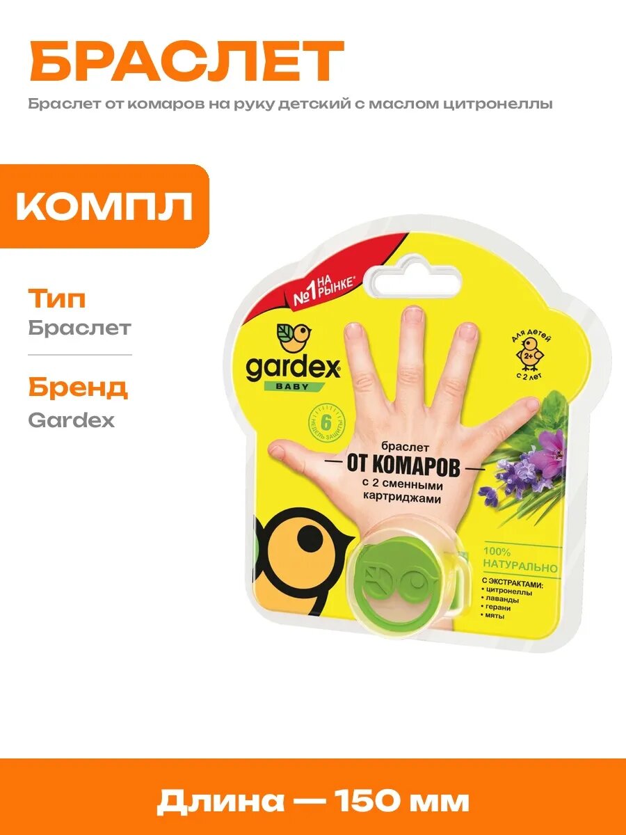 Детский браслет от комаров с маслом цитронеллы 2 картриджа