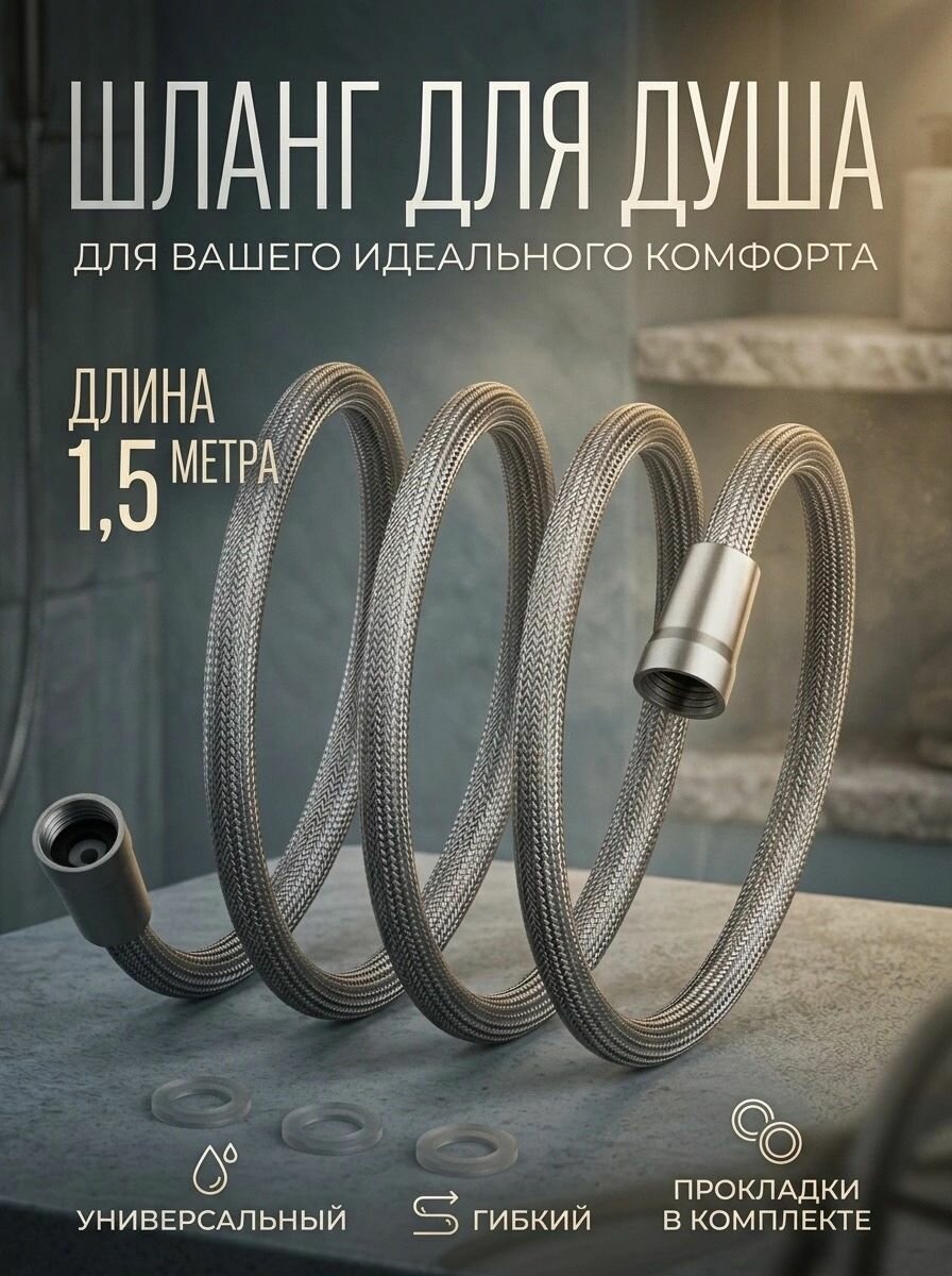 Нейлоновый шланг для душа. Серый. Длина 1,5 м. Вращение 360.