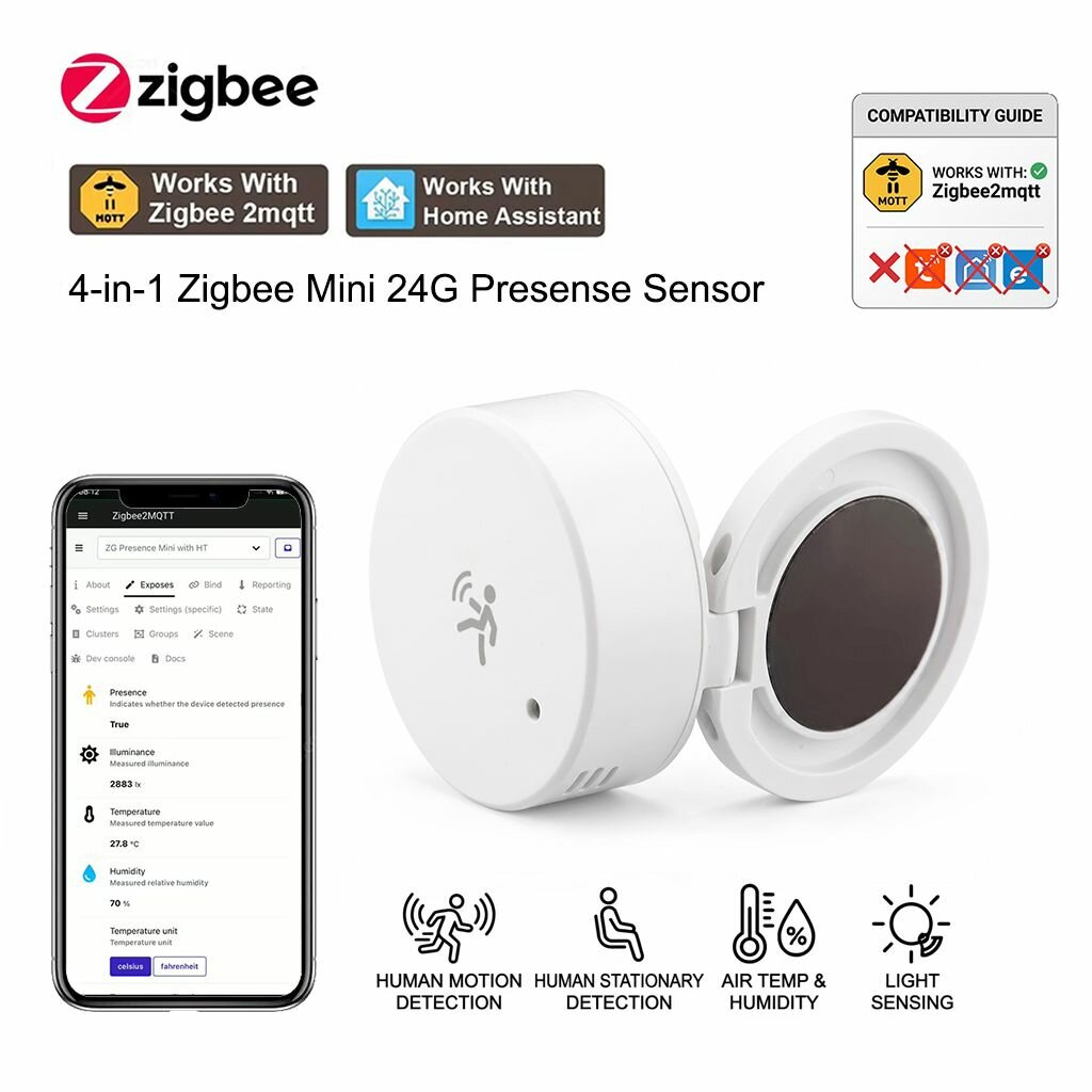 Умный 24G датчик движения ZigBee, Датчик температуры и влажности, zigbee2mqtt, С магнитным кронштейном термогигрометр датчик 24 ГГц для умного дома