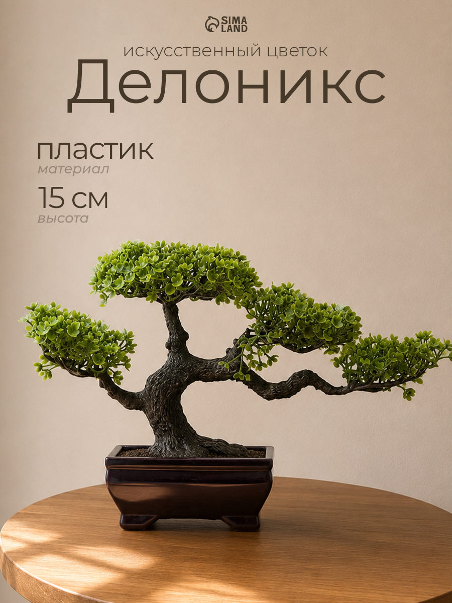 Бонсай в горшке «Делоникс», размер 10.5×15 см, пластик, черный/зеленый