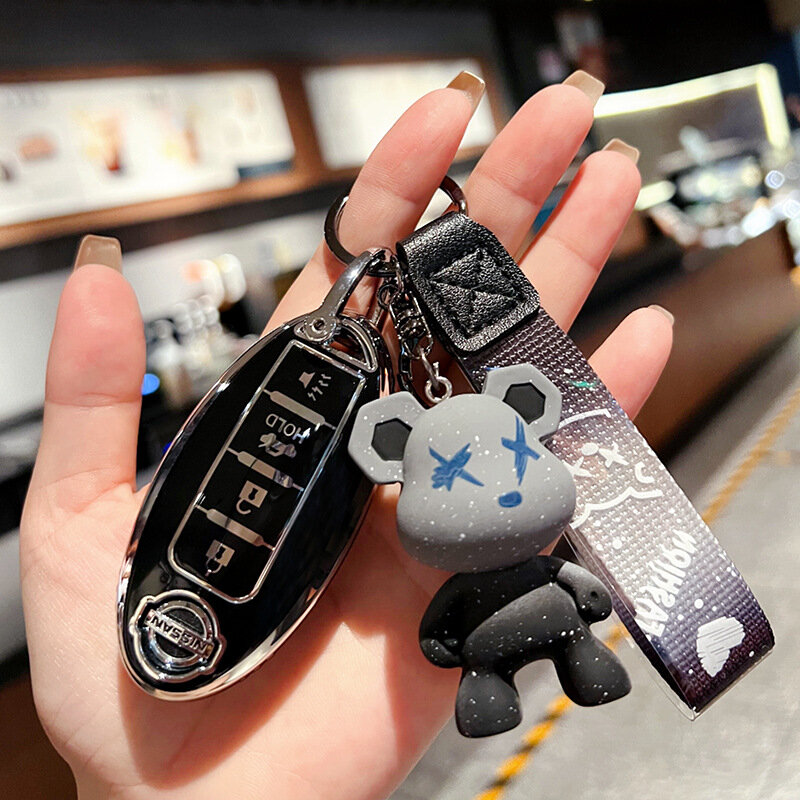 Nissan 4-Button Key Fob Case в черном цвете с серым медвежьим дизайном для автомобилей Nissan, прочная защита ключей