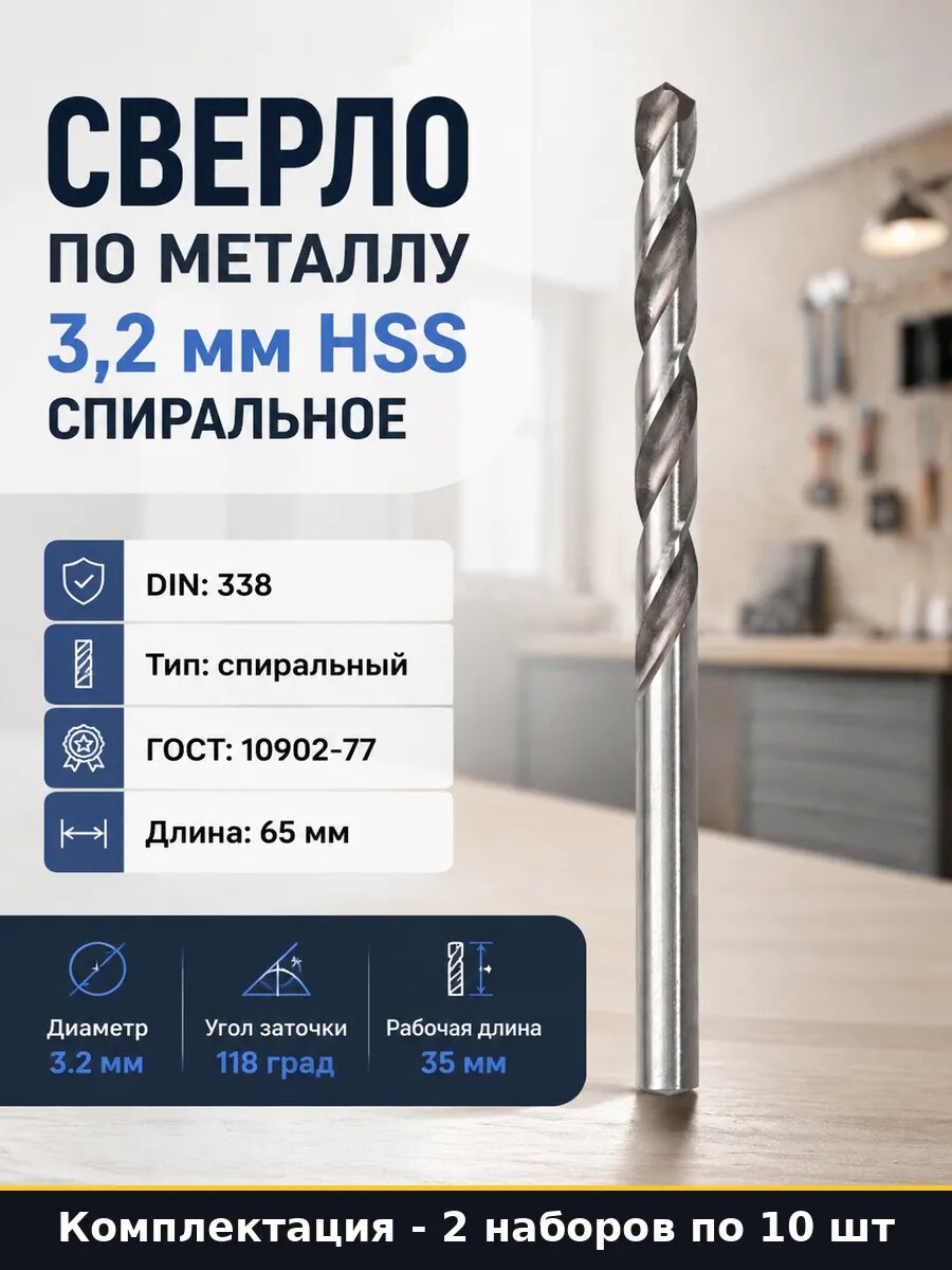 Сверло по металлу 3.2 мм HSS-G 20 шт, кл. точности А, DIN