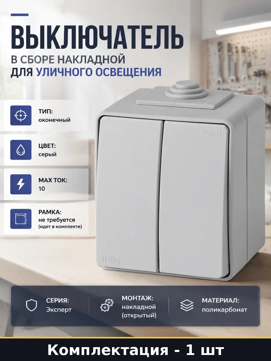 Выключатель накладной двухклавишный IP65 серый, открытая проводка, 2 клавиши, 10 А, 250 В, для уличного освещения