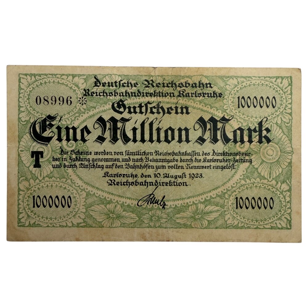 Веймарская республика, Карлсруэ, железная дорога 1000000 (1 миллион) марок 1923 г. (Серия T)