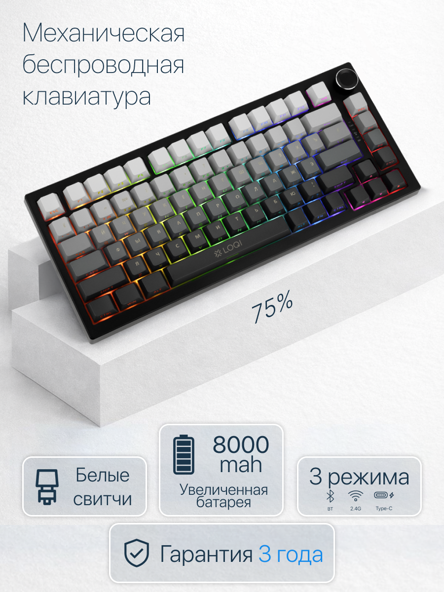 Клавиатура механическая беспроводная игровая, RGB, Hot-Swap, Type-C + 2.4G + Bluetooth, черно-белая, белые свитчи