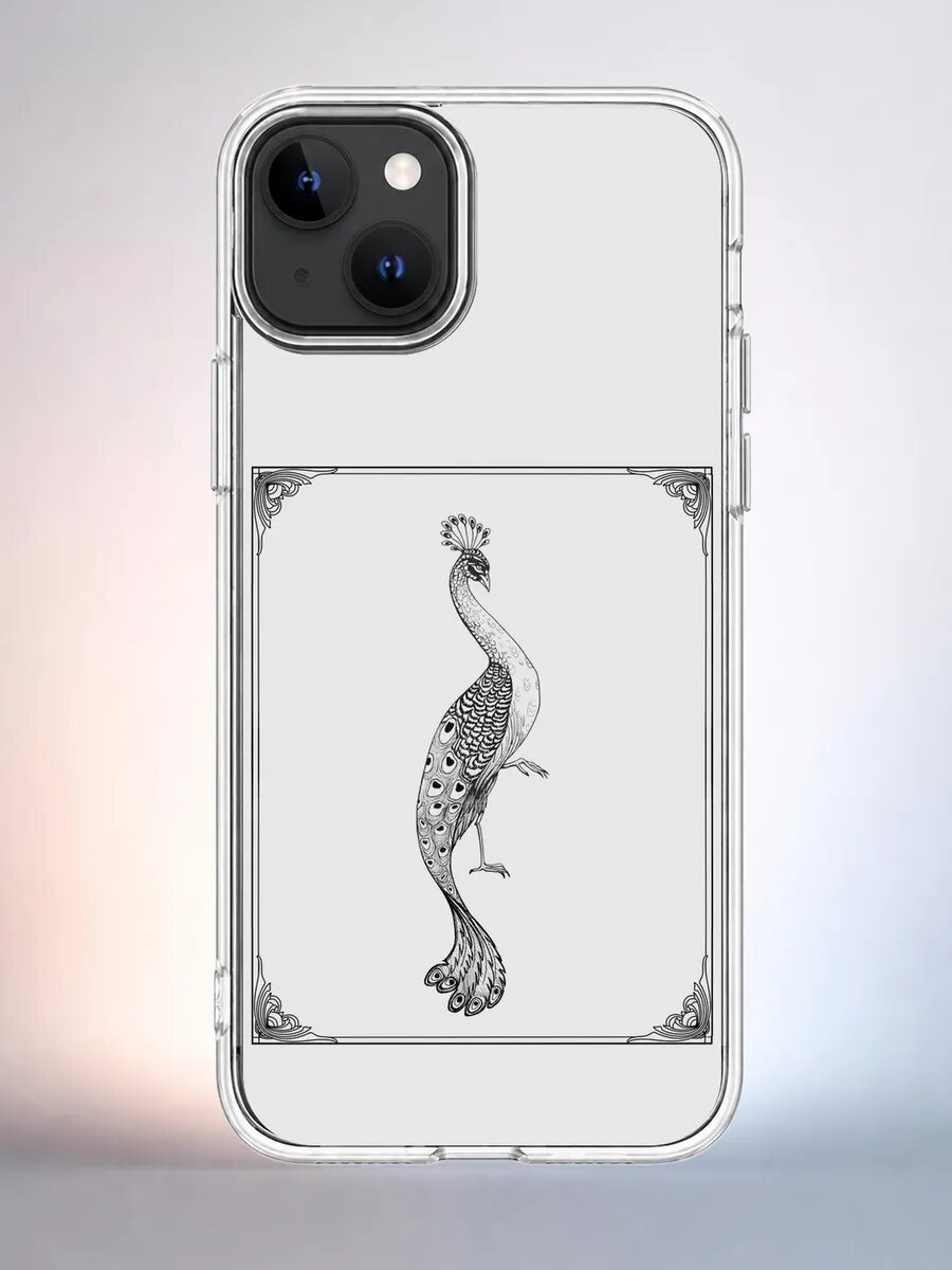 Чехол iPhone 13 павлин в рамке силиконовый