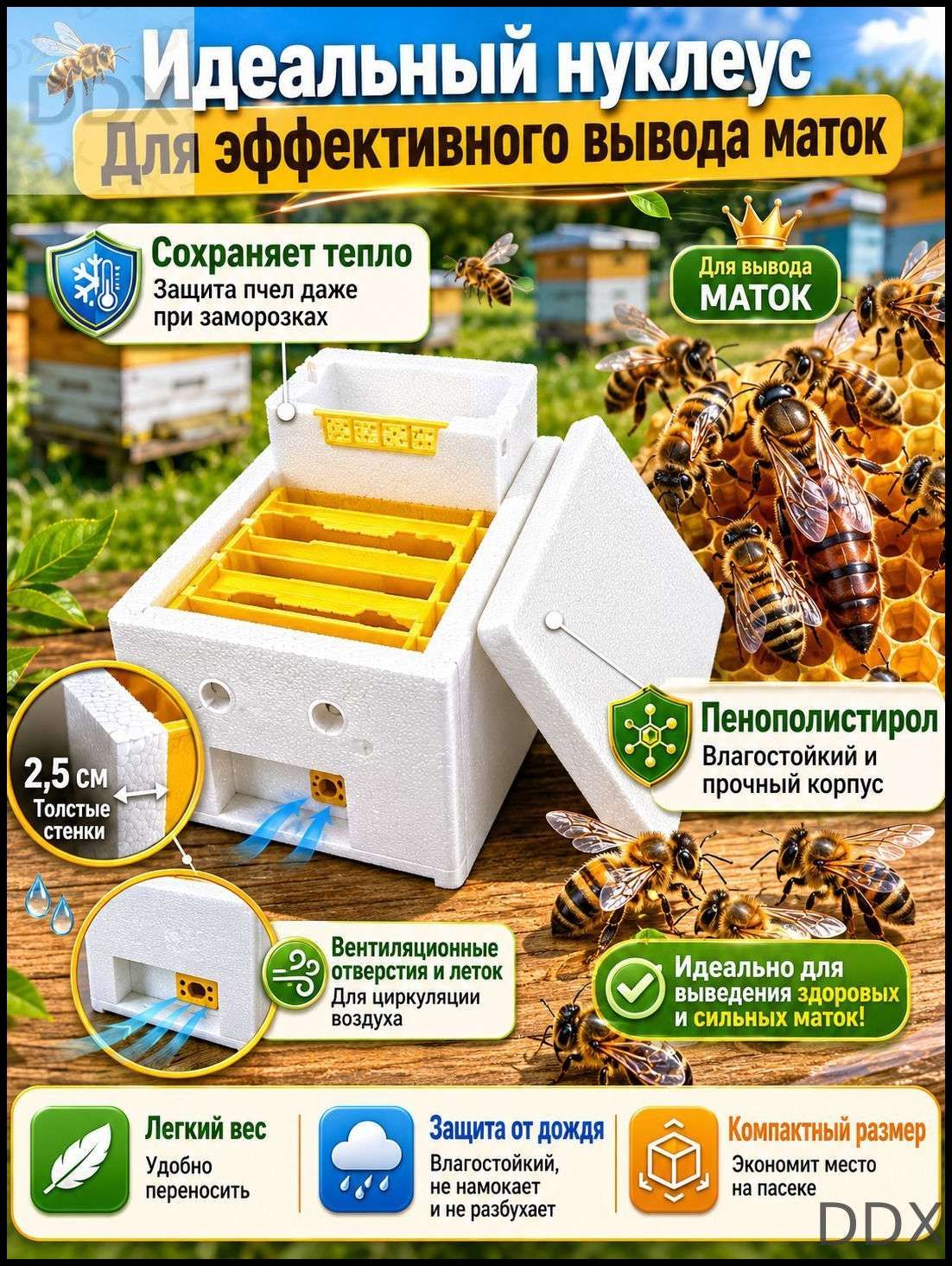 Нуклеус для пчел на 4 рамки, микроулей из пенополистирола-утепленный домик для вывода маток, профессиональный инвентарь пчеловода и оборудование для пасеки.
