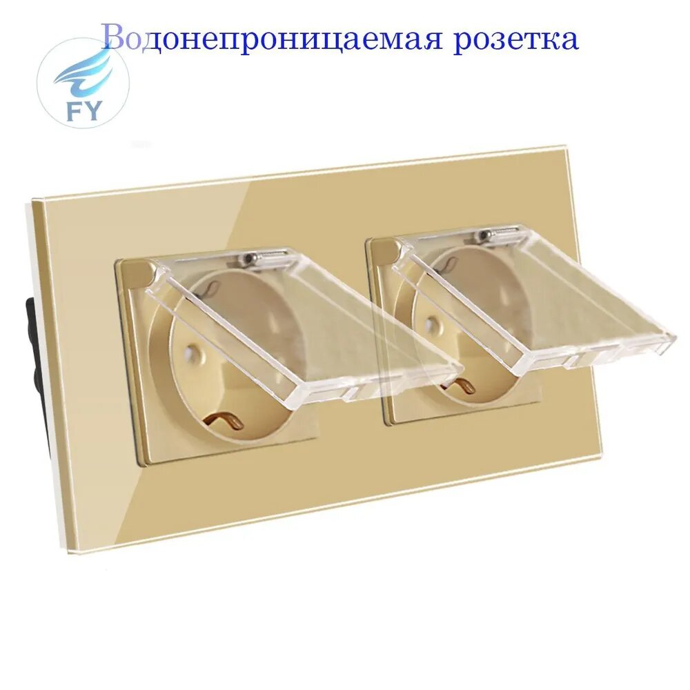 Розетка c крышкой ванной комнаты, IP44 2 поста 16А, рамка 157х86 стекло, цвет золотая,1штcc