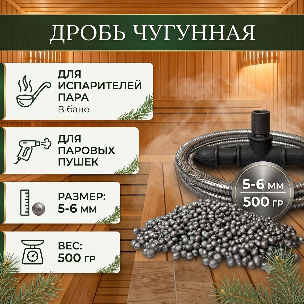 Дробь чугунная для испарителя пара в бане, для паровой пушки, ДЧЛ 5-6 мм 500 гр