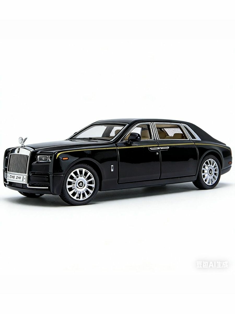 Коллекционная модель автомобиля Rolls-Royce Phantom в масштабе 1:24, серая, изготовленная из сплава. Имеет открывающиеся двери, звуковые и световые эффекты. Подходит для детей и коллекционеров.
