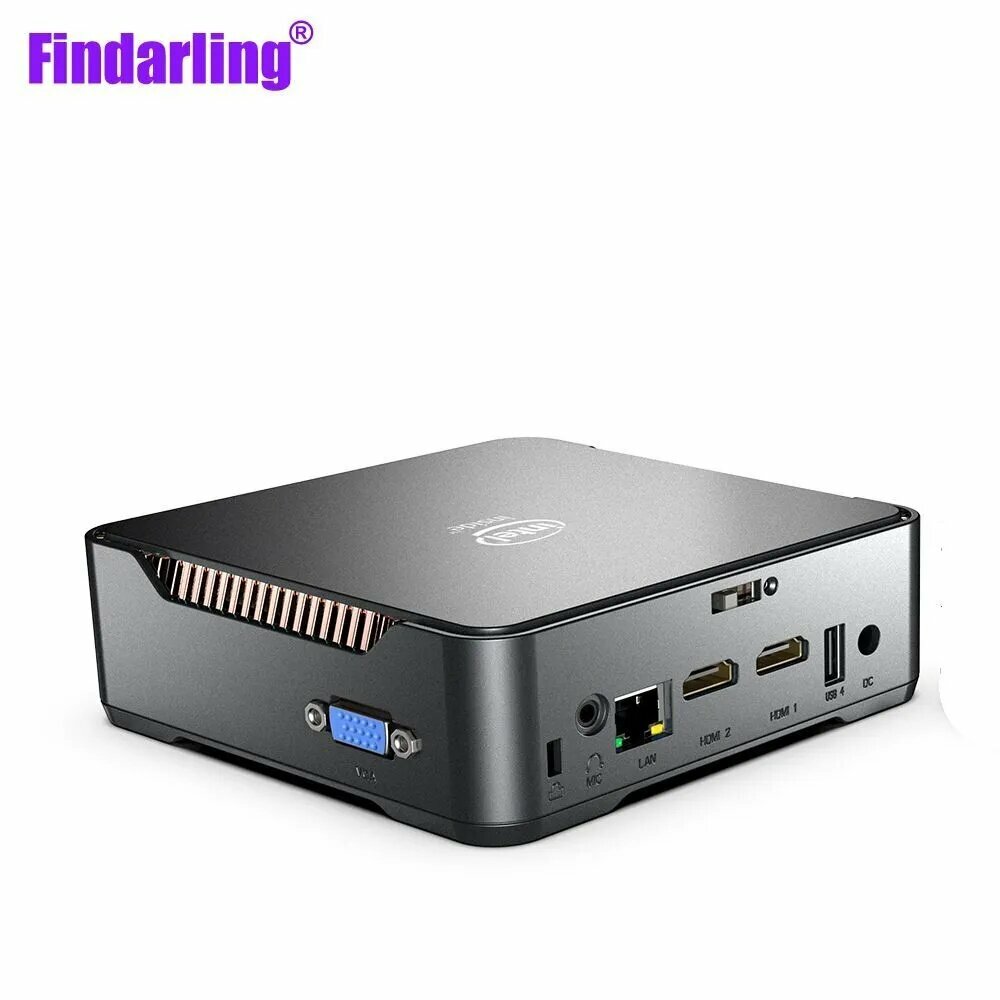 Findarling Мини-ПК (Intel Celeron N3350, RAM 4 ГБ, SSD 64 ГБ, Intel HD Graphics, Windows 10 Pro), серый