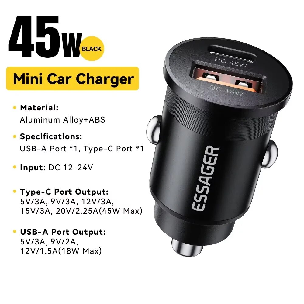 Автомобильное зарядное устройство Essager 45 Вт PD QC 3.0 PPS USB Type C Быстрая зарядка 45W Black