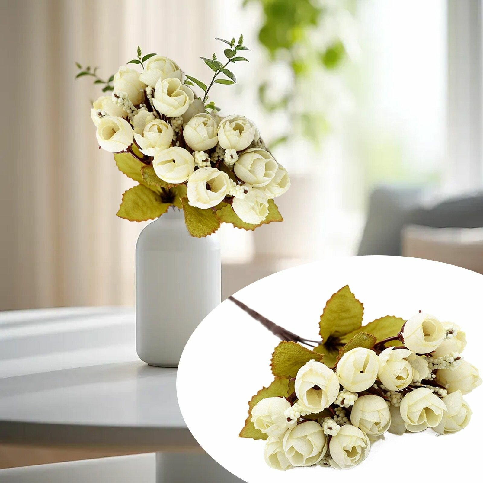 Искусственные розы из ткани для создания нежного декора, 15 цветков на ветке, белый цвет, для свадьбы или дома