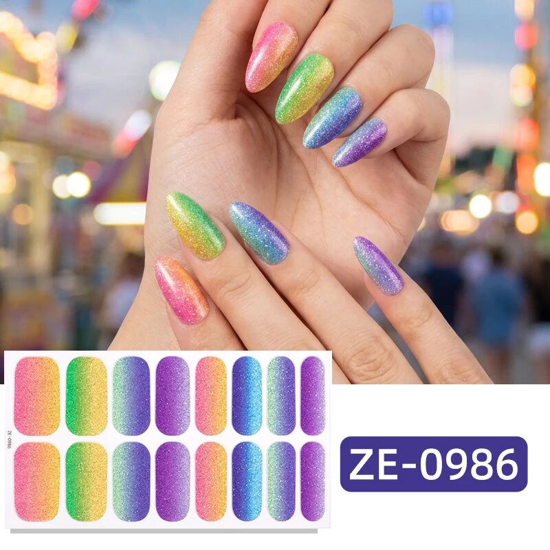 Наклейки для ногтей ZE-0986, радужный глиттер, 16 шт