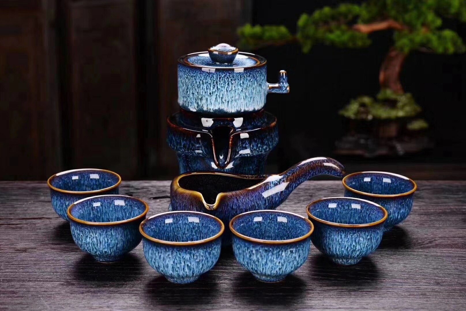 Набор для чайной церемонии "Старая каменная мельница", чайный сервиз 8 предметов, керамика, синяя глазурь