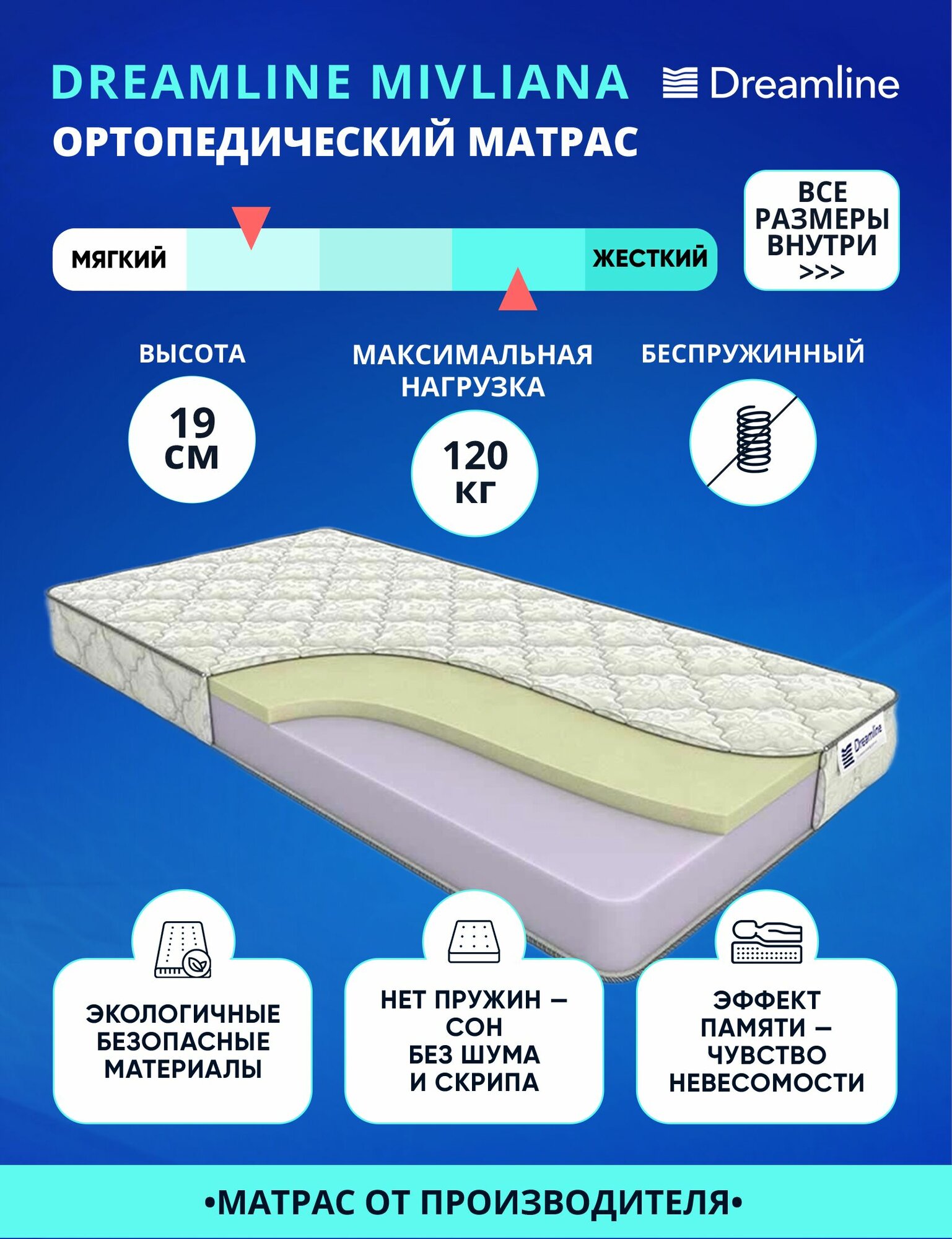 Матрас Dreamline Mivliana 70х185 серии Lux высота 19 см анатомический средней жесткости Беспружинный
