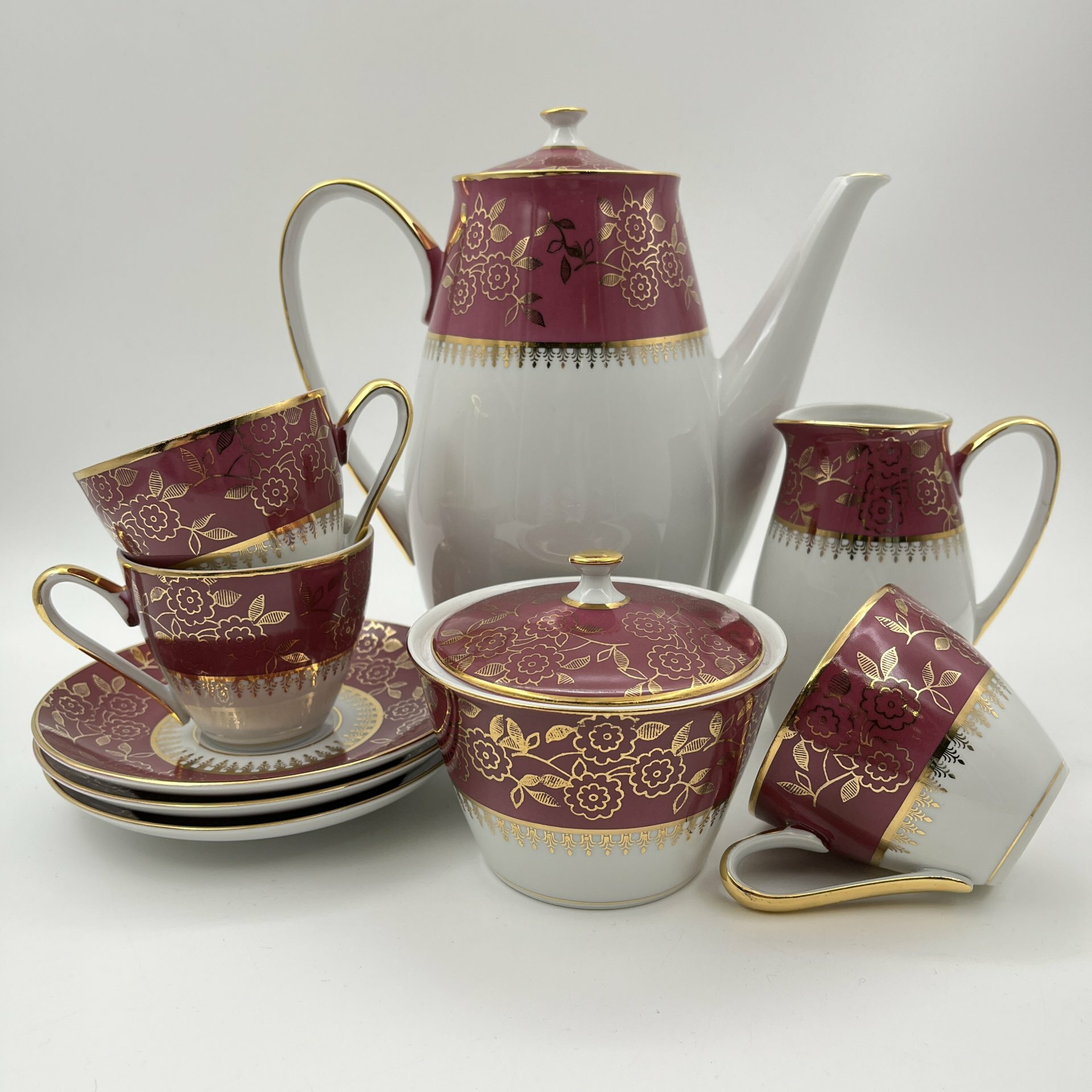 Сервиз кофейный с цветочным декором на 3 персоны (9 предметов), фарфор, крытье