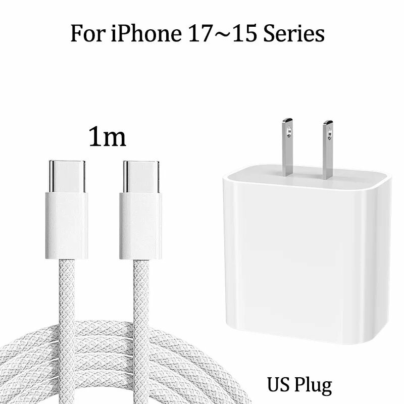 Быстрое зарядное устройство PD 20 Вт USB C для Apple iPhone 17 16 15 14 13 12 11 Pro US 2IN1 C-C 1M
