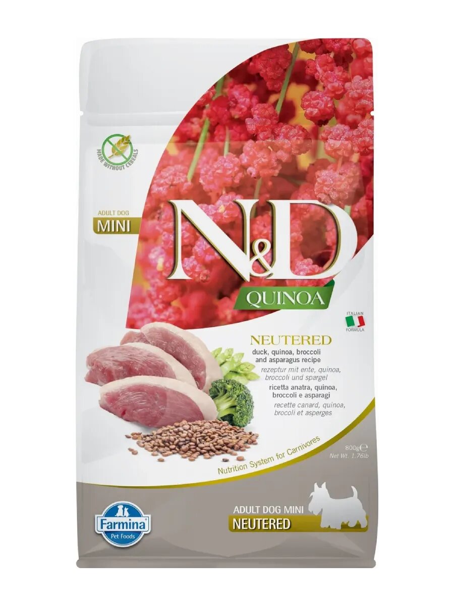 Сухой корм N&D Quinoa Neutered (Фармина) для стерилизованных/кастрированных собак мелких пород, утка и киноа 0,8 кг