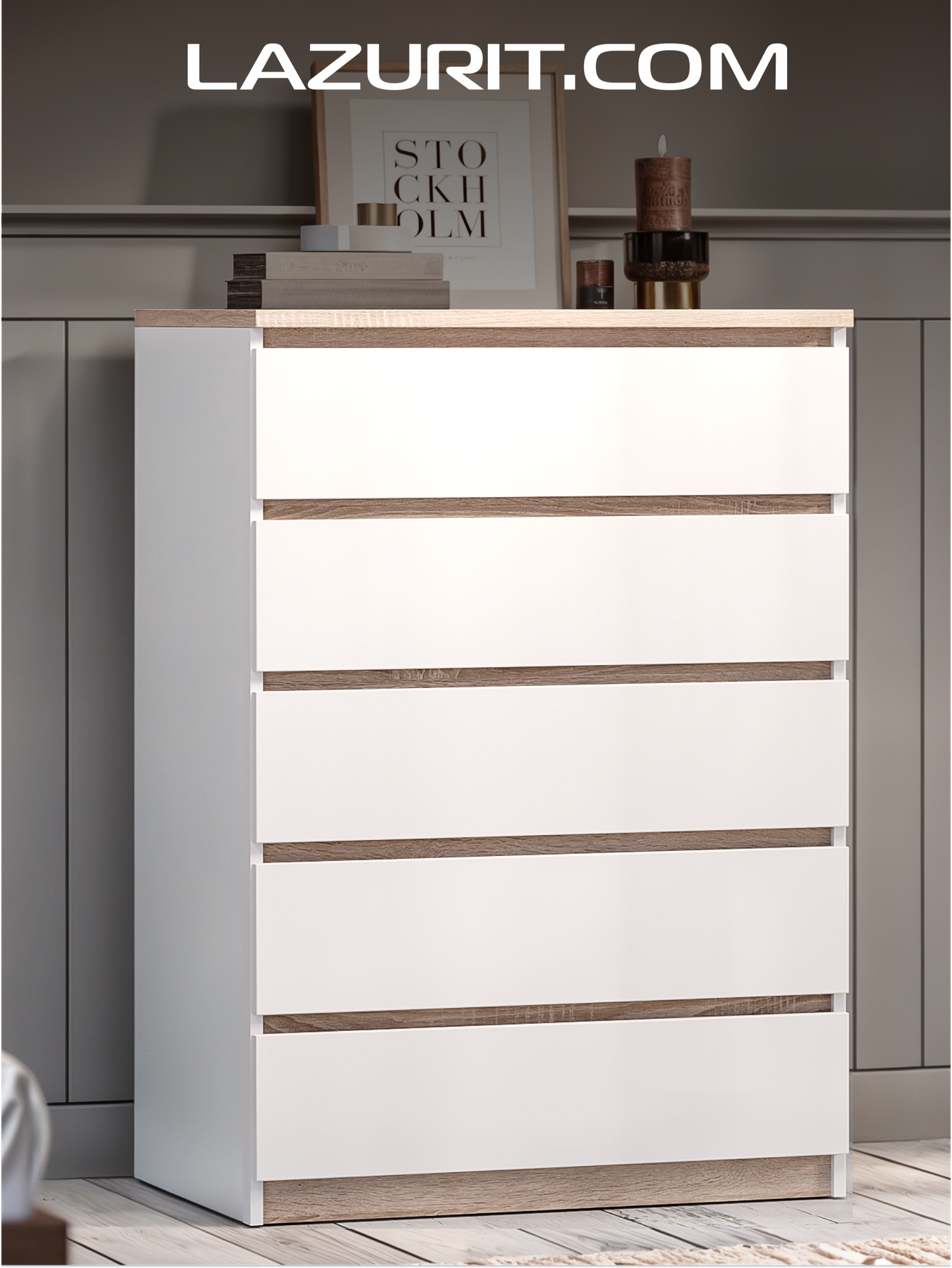 Комод для одежды большой белый-сонома Lazurit Ketrin под телевизор высокий с ящиками спальню прихожую детскую 79х51х113