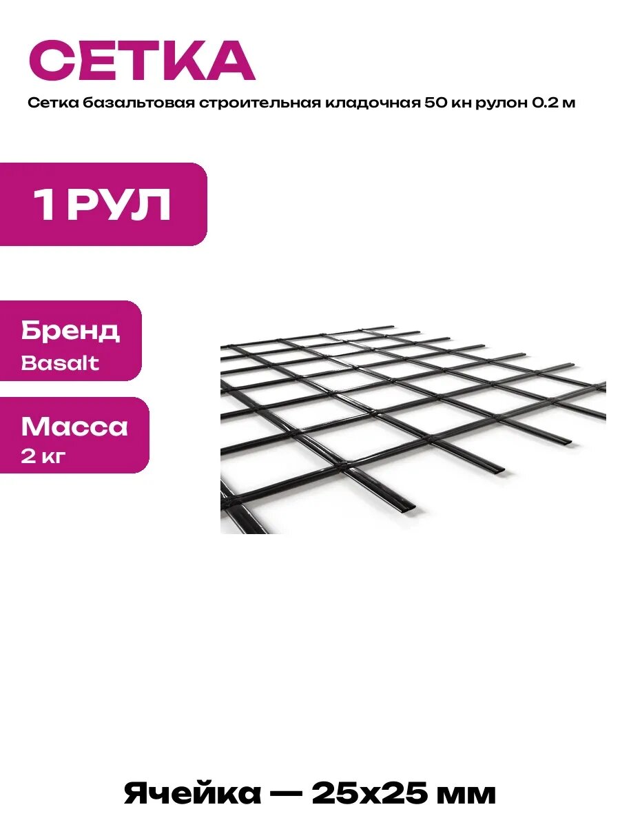 Сетка базальтовая кладочная 50 кн ячейка 25х25 ширина 0.2 м