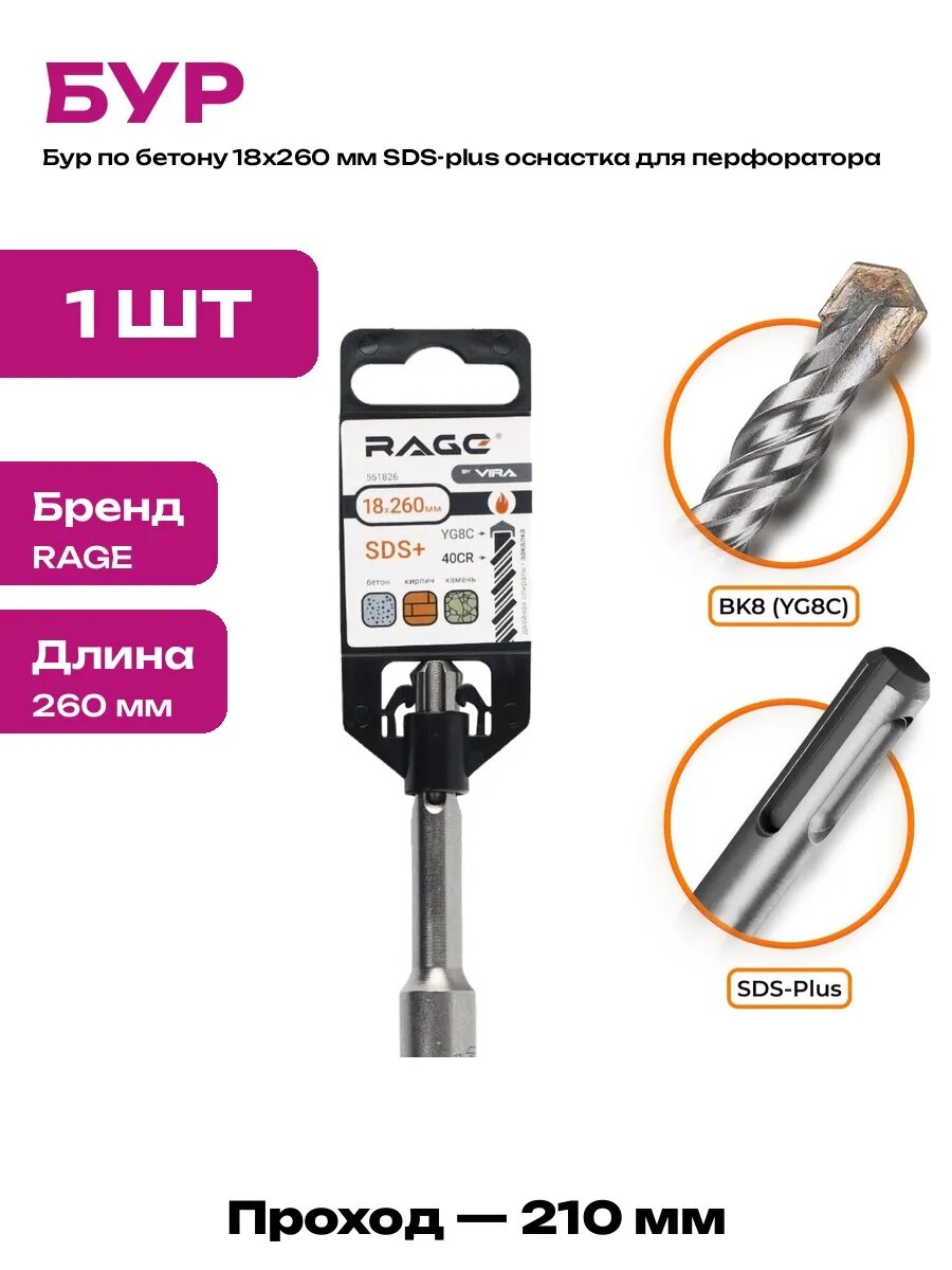 Бур по бетону 18х260 мм SDS-plus рабочая длина 210 мм 561826
