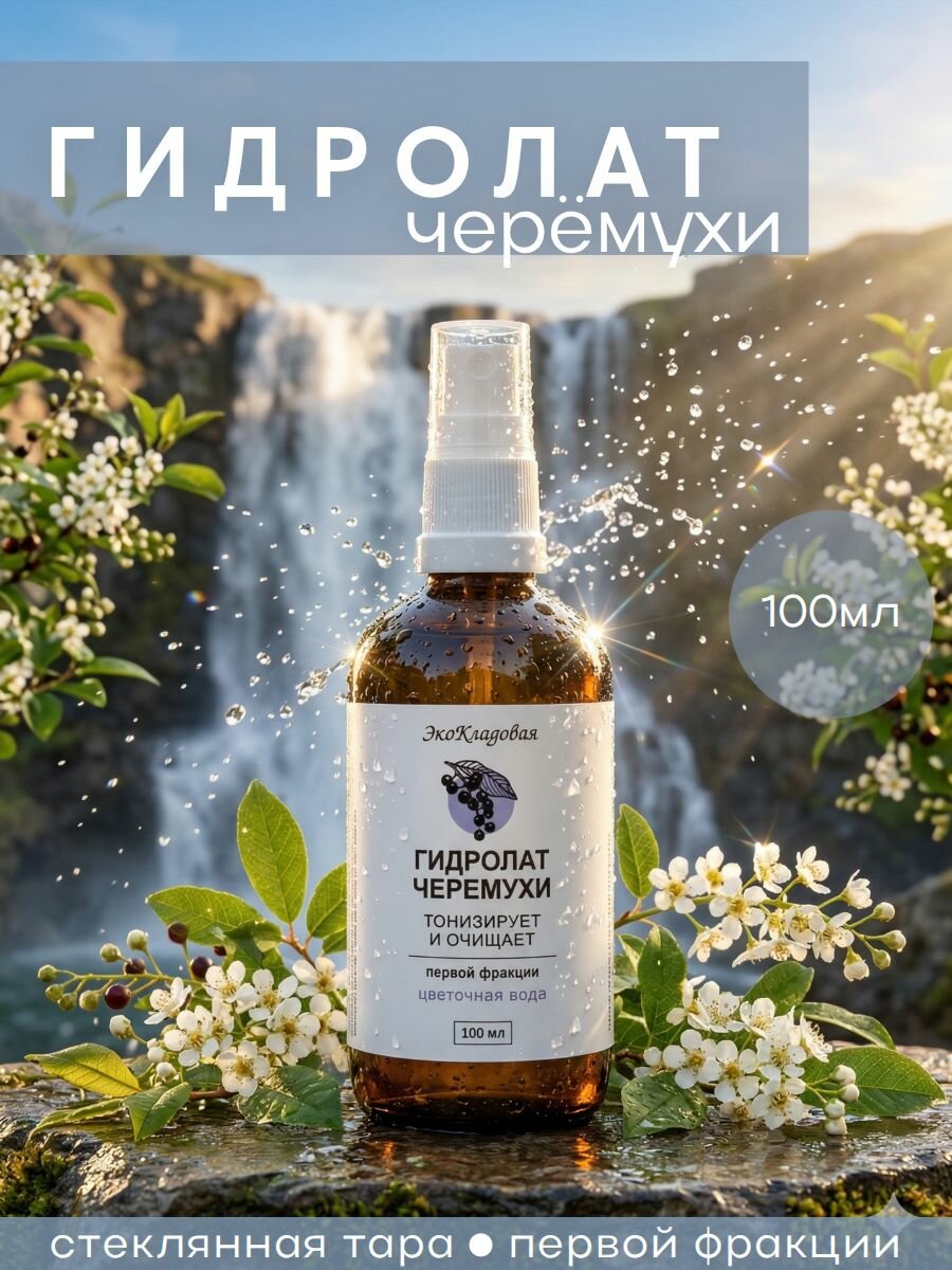 Гидролат черемухи натуральный дистиллят 100мл цветочная вода без спирта в стекле с распылителем