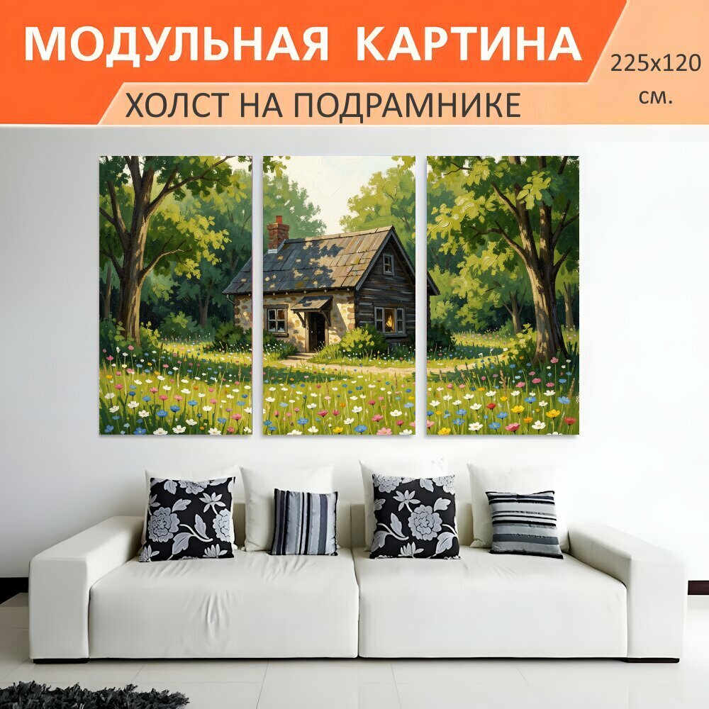 Модульная картина на холсте "Лесной домик среди полевых цветов. Уютная деревенская избушка в солнечной зеленой чаще, вокруг." триптих на подрамнике 225х120 см. для интерьера