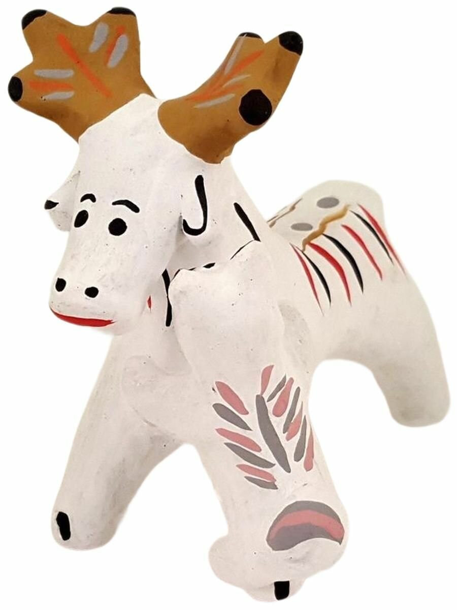 Олень с собакой-1, Каргопольская глиняная игрушка, ручная авторская работа