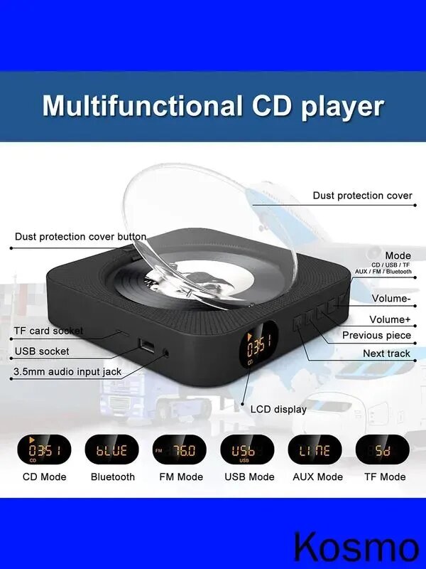 CD-проигрыватель компактный домашний с фронтальным лотком, радиоприемником и USB, антивибрация, MP3 — фото 1