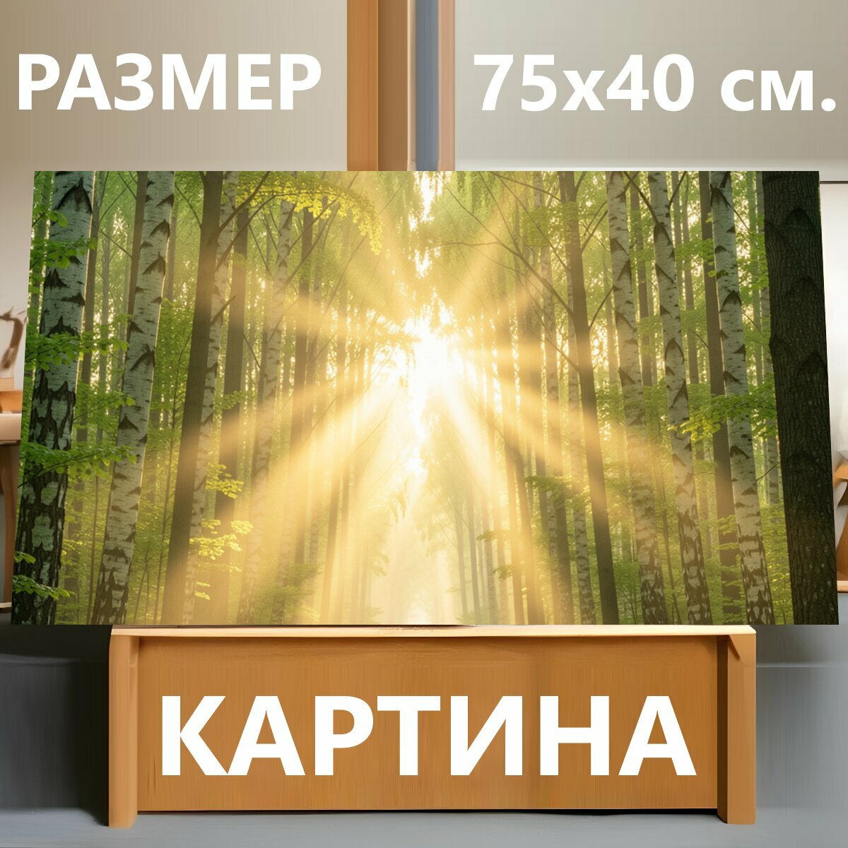 Картина на холсте "Солнечная лесная аллея. Узкая тропа среди высоких берёз и густого зелёного леса, залитая тёплыми лучами рассвета. Мягкий." на подрамнике 75х40 см. для интерьера