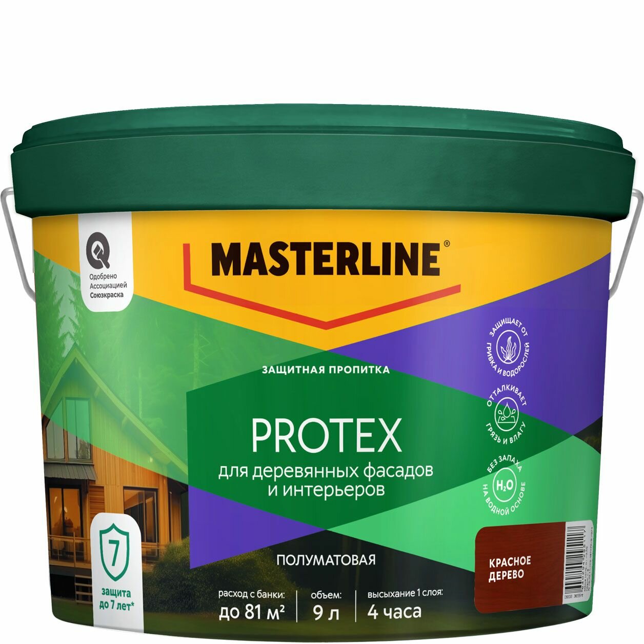 MASTERLINE PROTEX пропитка защитная для деревянных фасадов и интерьеров, красное дерево (9л)