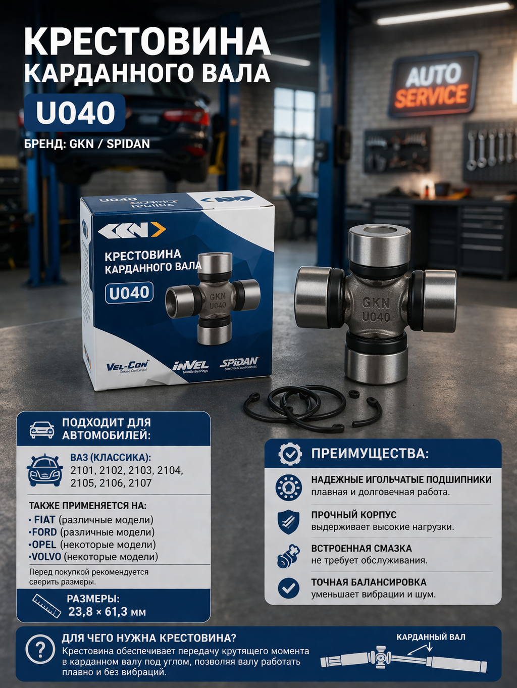 Крестовина карданного вала GKN U040 ВАЗ 2101–2107, 23.8x61.3 мм