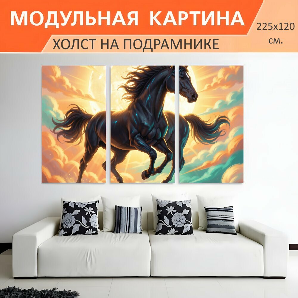 Модульная картина на холсте "Черный конь на фоне луны. Фантазийная сцена с грациозным скакуном в движении, сияющим лунным диском и." триптих на подрамнике 225х120 см. для интерьера
