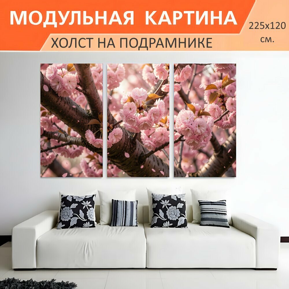 Модульная картина на холсте "Изображение крупного плана цветущего дерева сакуры с густыми розовыми цветами на темных ветвях." триптих на подрамнике 225х120 см. для интерьера