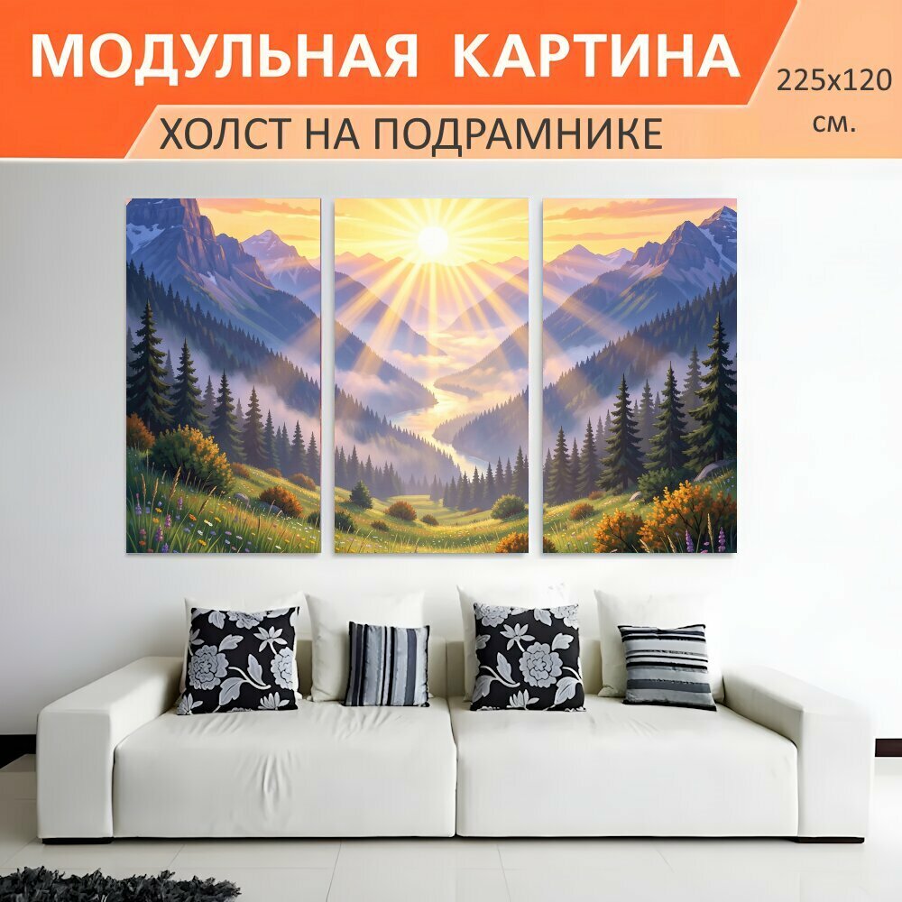 Модульная картина на холсте "Солнечный рассвет в горах. Живописная альпийская долина с ярким восходом, лучами света, заснеженными." триптих на подрамнике 225х120 см. для интерьера