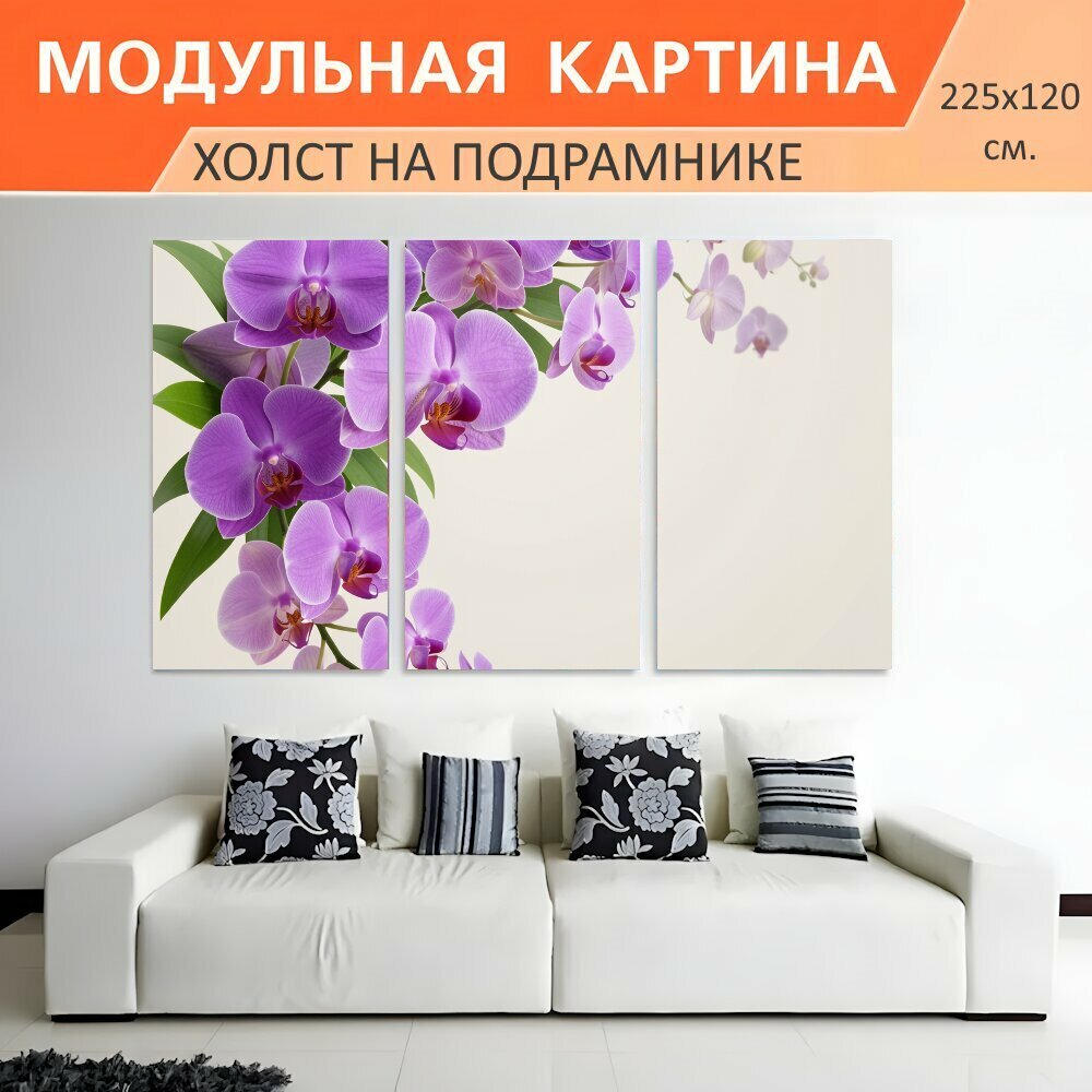 Модульная картина на холсте "Фиолетовые орхидеи на светлом фоне. Изящная цветочная композиция с нежными сиреневыми и лиловыми." триптих на подрамнике 225х120 см. для интерьера