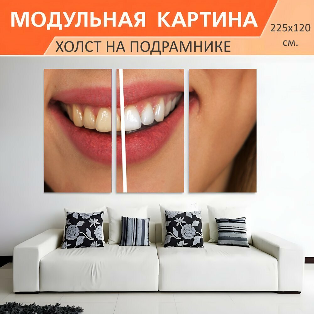 Модульная картина на холсте "Зубы, стоматологическая помощь, белый" триптих на подрамнике 225х120 см. для интерьера