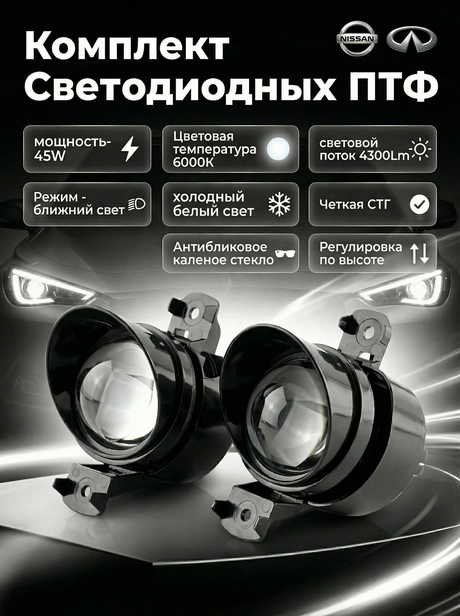 Противотуманные фары светодиодные для Renault Master 3 2010-н. в. FV JV 45W 6000K / Противотуманные фары светодиодные для led птф