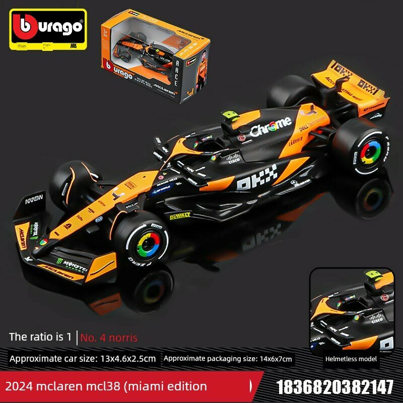 2024 McLaren MCL38 Формула-1 Модель 1:43 Масштаб Сплавная Копия Автомобиля с Ландо Норрисом, Версия Майами