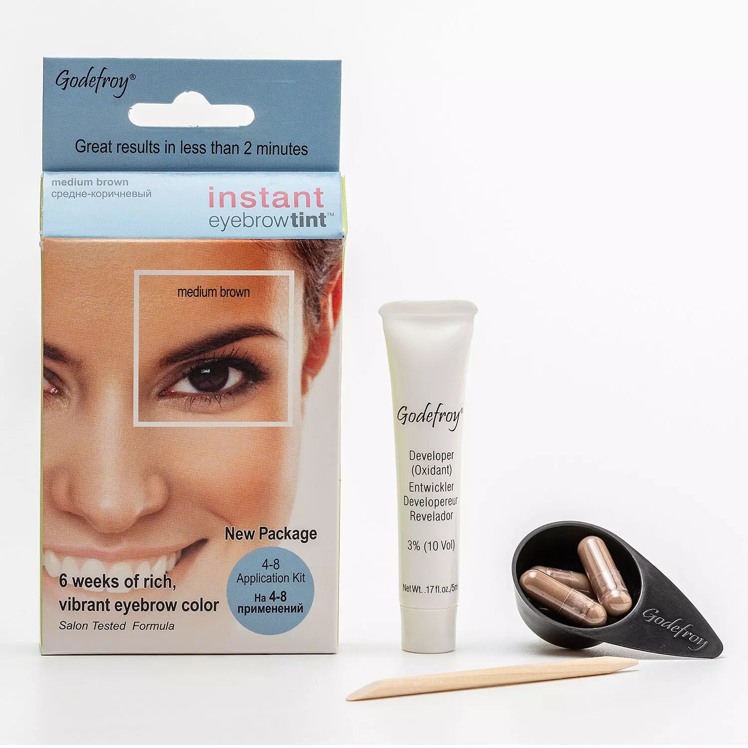 Набор для бровей: краска-хна 4 капсулы + оксид 3% Godefroy, коричневый
