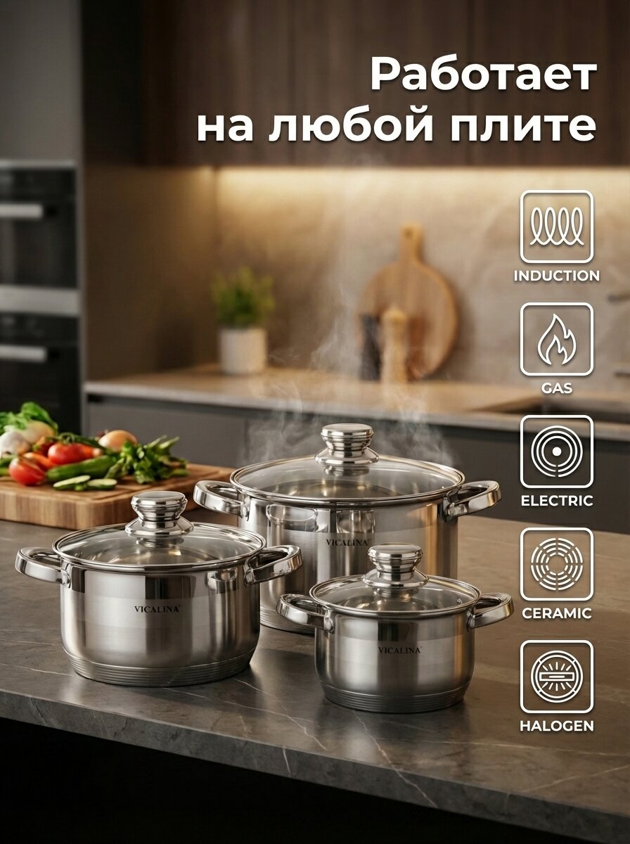 Набор кастрюль из нержавеющей стали 6 с индукционным толстым дном с крышками 3шт vicalina из нержавейки для приготовлени