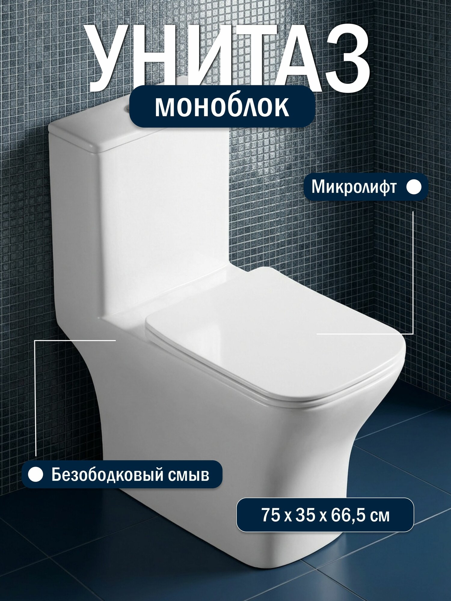 Унитаз напольный с бачком моноблок R-VVA-81841 безободковый, сиденье дюропласт с крышкой микролифт, белый с антибактериальным покрытием