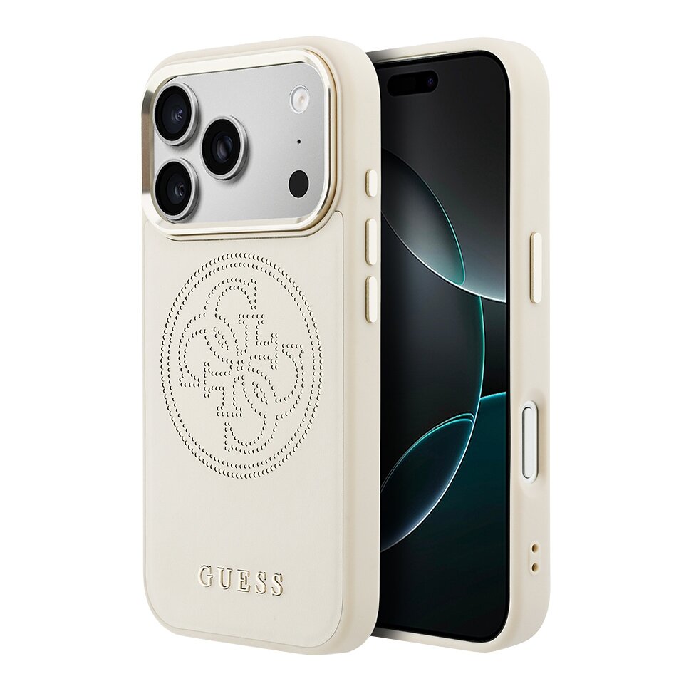 Guess чехол с MagSafe для iPhone 17 Pro, PU кожа с перфорацией 4G logo, с защитой камеры, бежевый