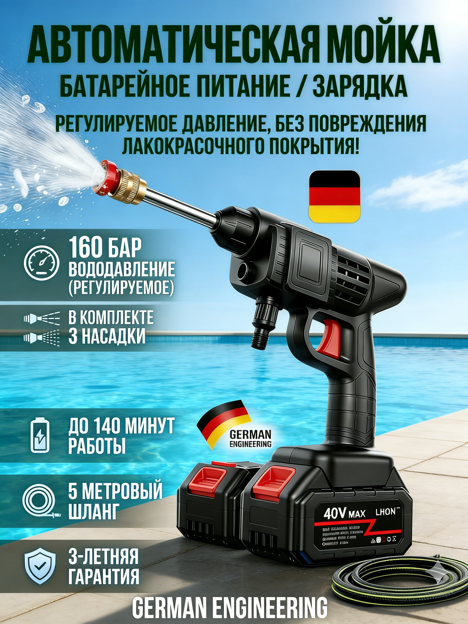 Беспроводная автомойка с пеногенератором, портативная минимойка