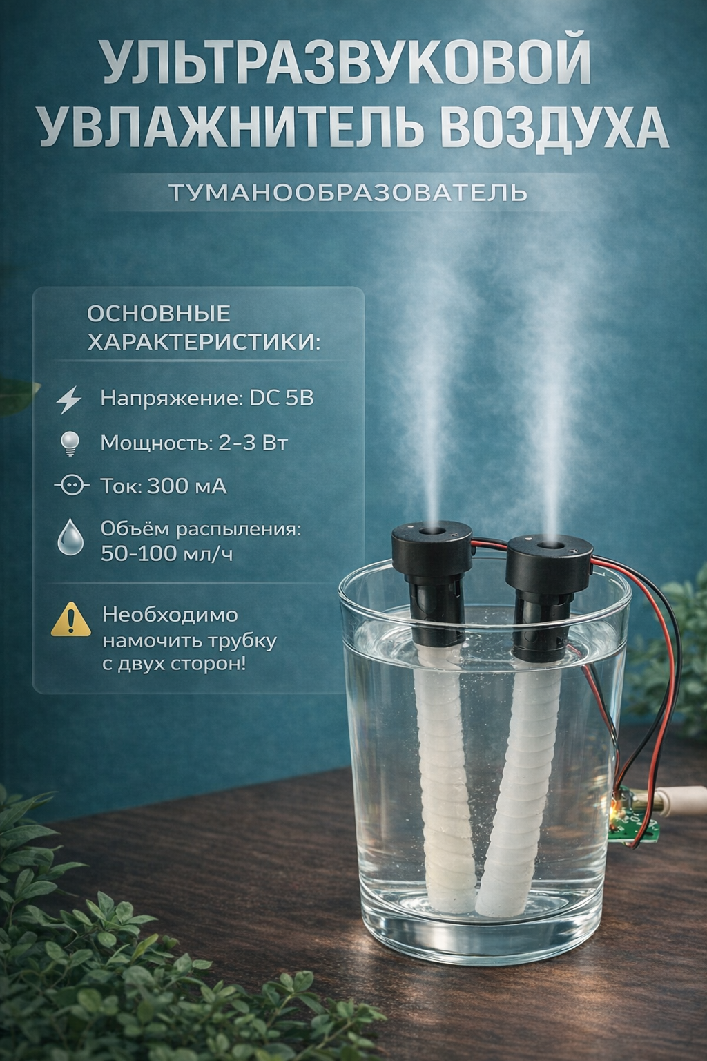 Ультразвуковой увлажнитель воздуха, туманообразователь DC5V, 2-3Вт, 300мА Micro Type-c USB (Ф)