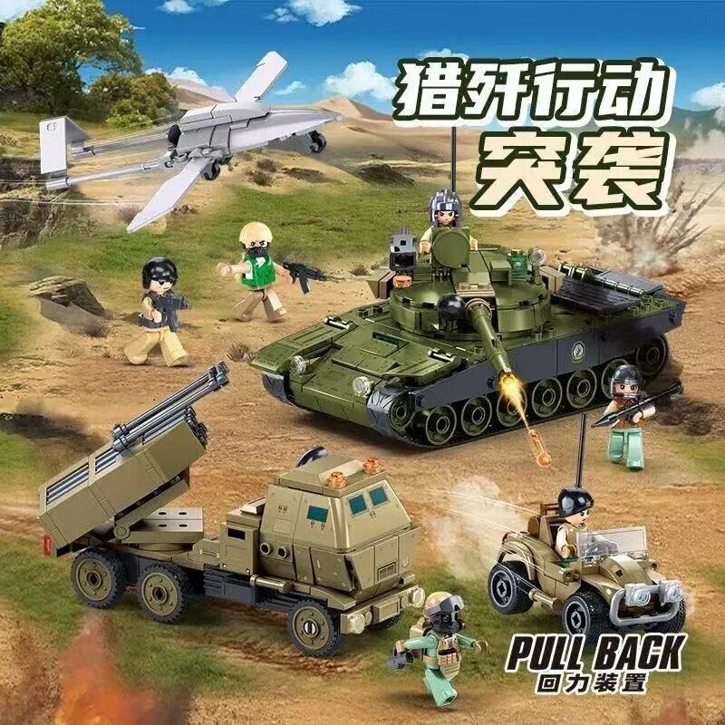 Конструктор, Sluban Армия серия, operation hunt and kill, Танк т-72, М142 Himars (Хаймарс), 6 солдата, Детские военные развивающие игрушки, 579 деталей