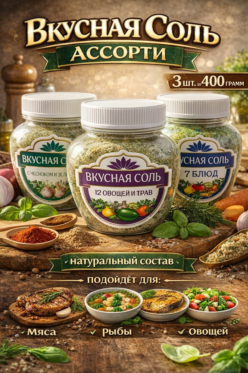 Соль Pastel Вкусная соль "Ассорти", 3 шт. по 400г, 1,2 кг